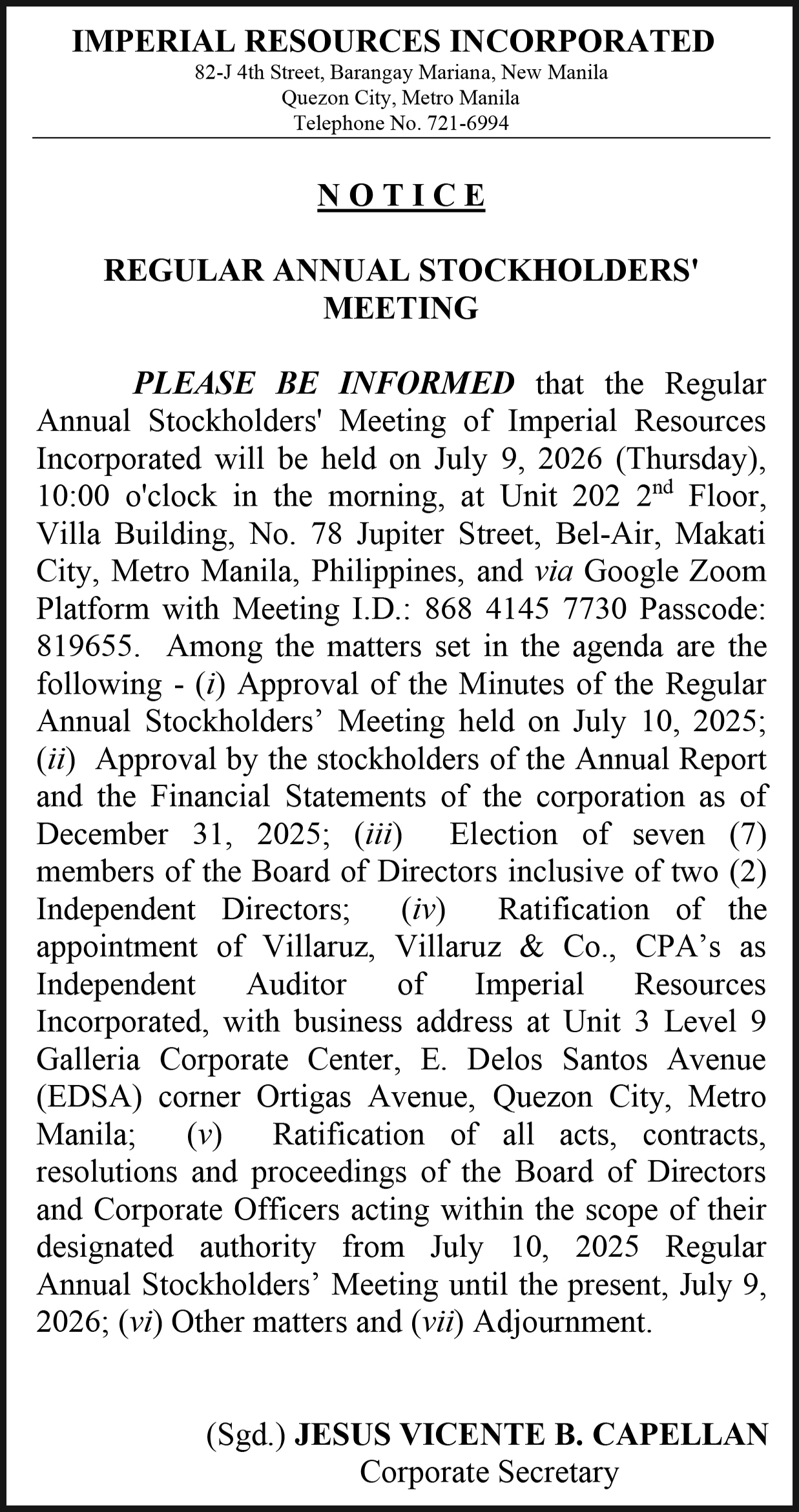 Imperial Resources Incorporated Sets 2026 Annual Stockholders’ Meeting ...
