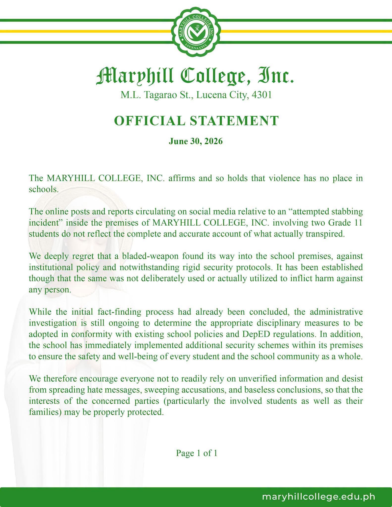 Lucena school tightens security, safety measures following knife scare ...